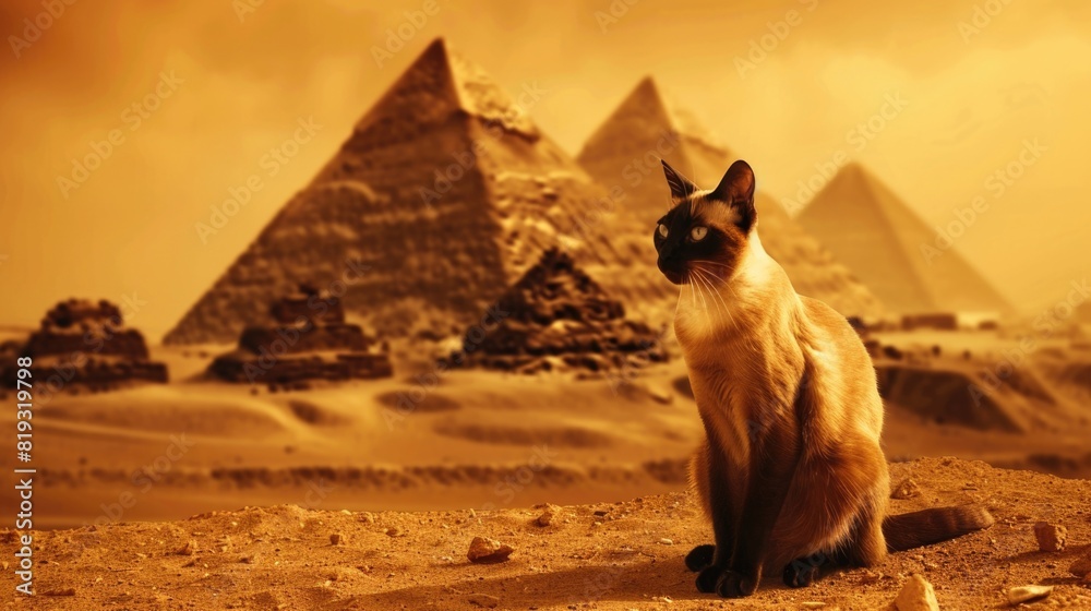 Siamese cat in front of Egyptian pyramids in the desert Stock ...
