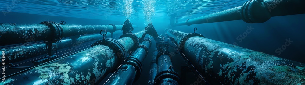 Diver in scuba gear inspecting an underwater oil and gas pipeline, in a ...