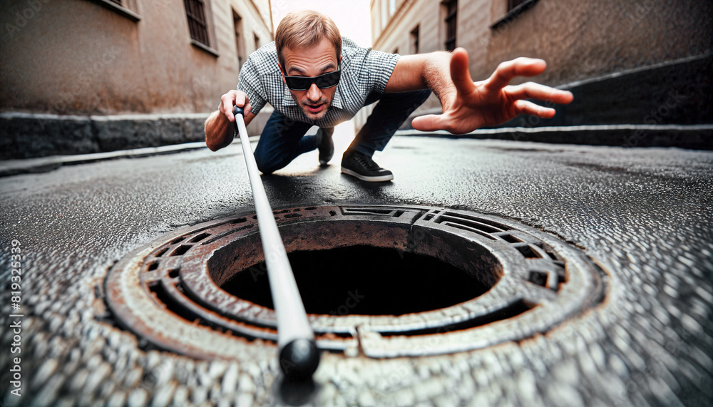 Surprised blind man with cane on verge of falling into open manhole ...