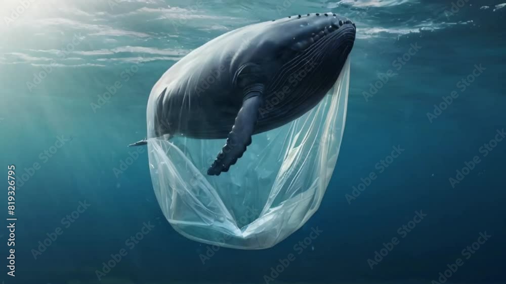 World oceans day, blue whale in a plastic bag. Help to protect animals ...