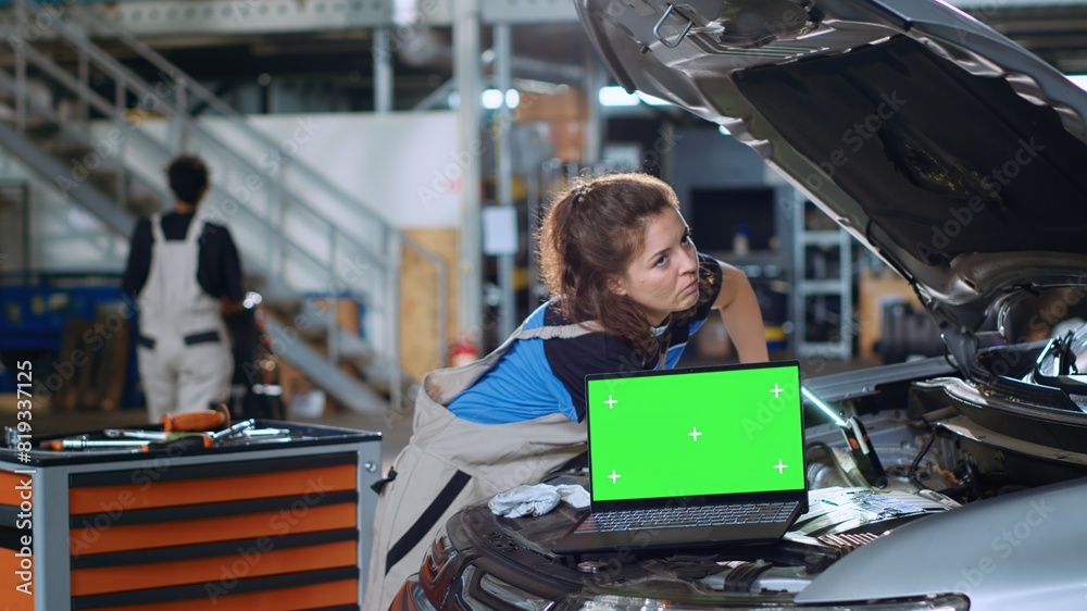 Chroma key laptop in garage facility sitting on malfunctioning car ...