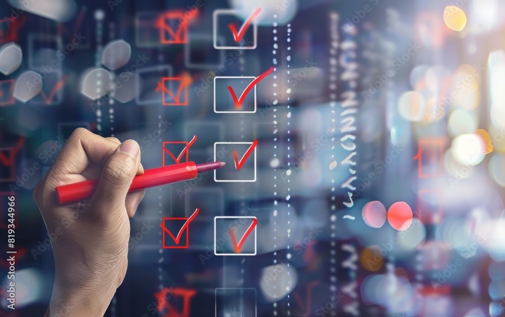 Hand marking checkboxes with a red marker on a transparent surface ...