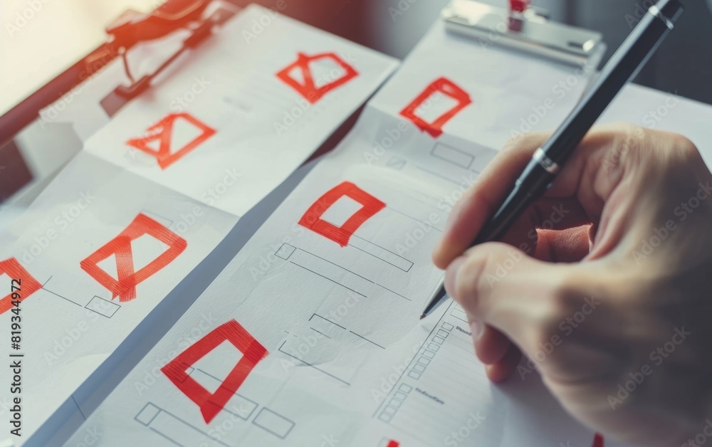 Hand marking checklists with red ticks using a pen. Stock Illustration ...