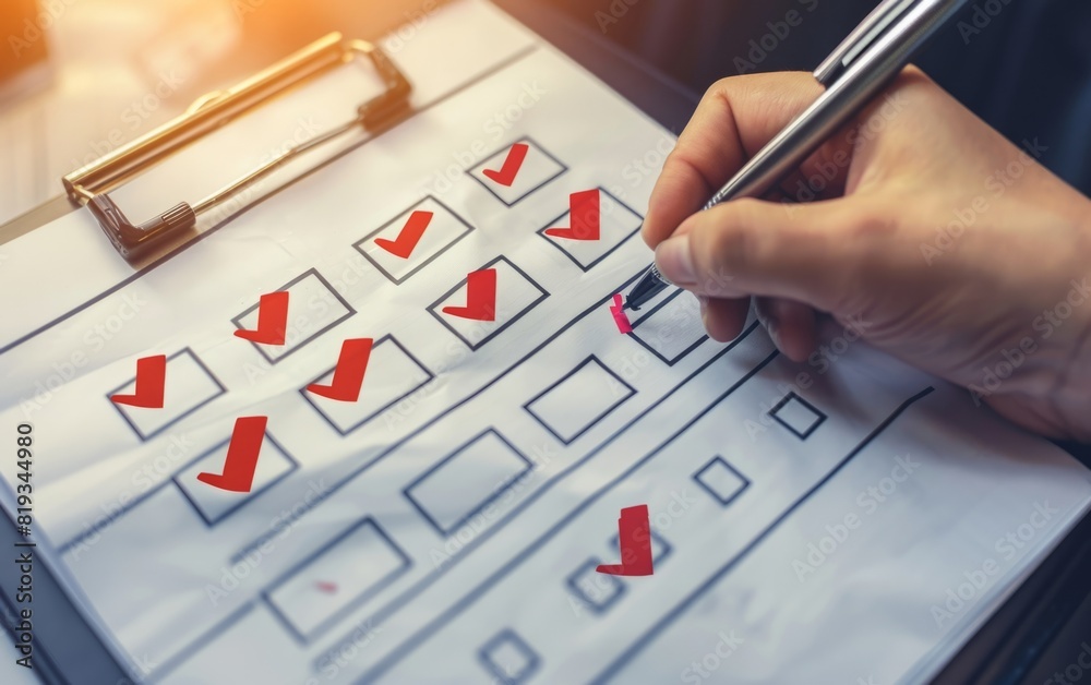 Hand marking checklists with red ticks using a pen. Stock Illustration ...