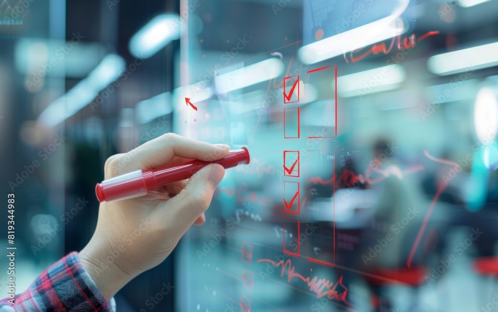 Hand marking checkboxes with a red marker on a transparent surface ...