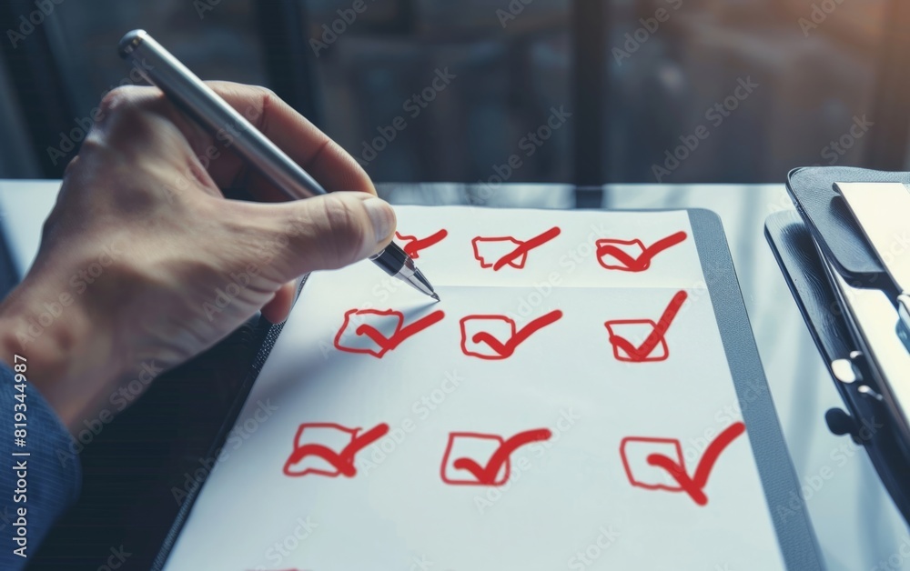 Hand marking checklists with red ticks using a pen. Stock Illustration ...