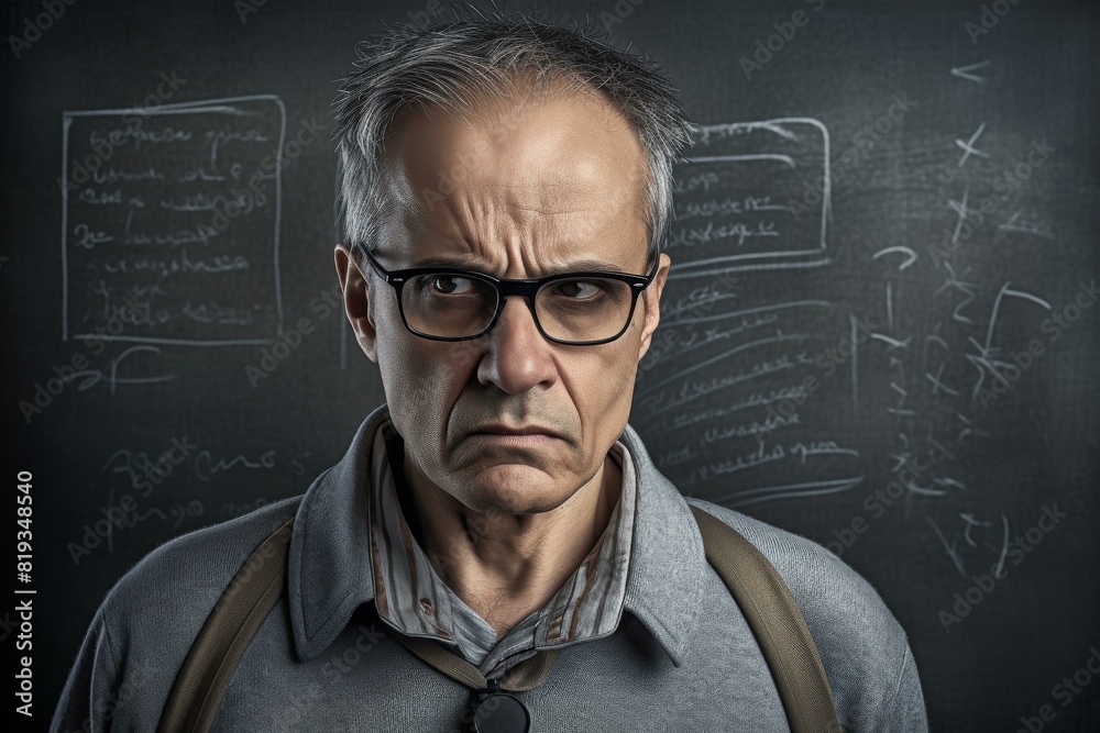 Serious teacher in glasses with stern expression, standing in front of ...