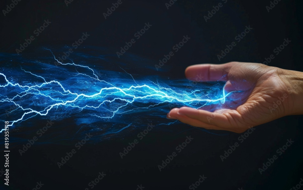 Hand conjuring a dynamic blue electricity arc on a dark background ...