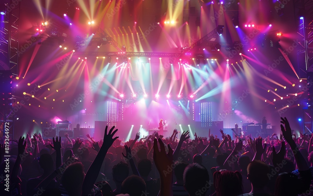 Audience hands up, enjoying a live concert with dramatic stage lighting ...