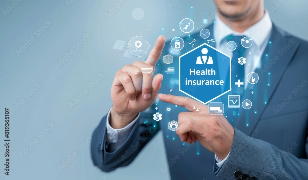 Health insurance,Businessman touching on virtual screen with text ...