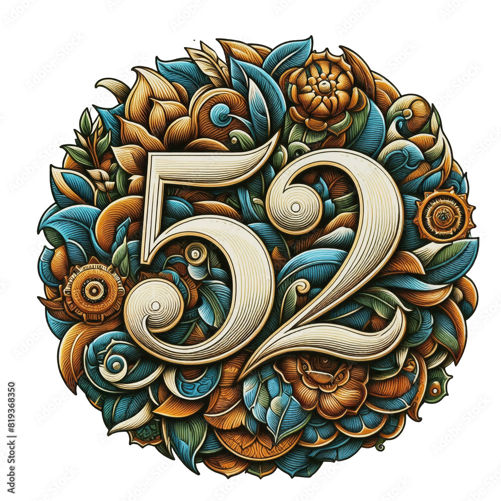 Elegant Number 52 (fifty two) Surrounded by Rich Foliage in Classic ...