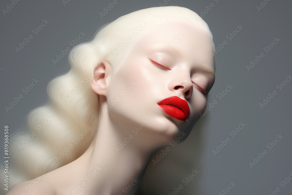 Studio portrait of a beautiful albino model in three-quarter profile ...