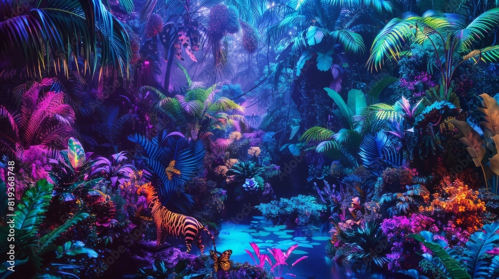 Exotic animals in a dense jungle, illuminated by vibrant, neon colors ...