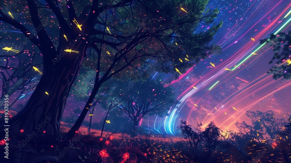 A virtual forest ablaze with neon fireflies flitting among the branches ...