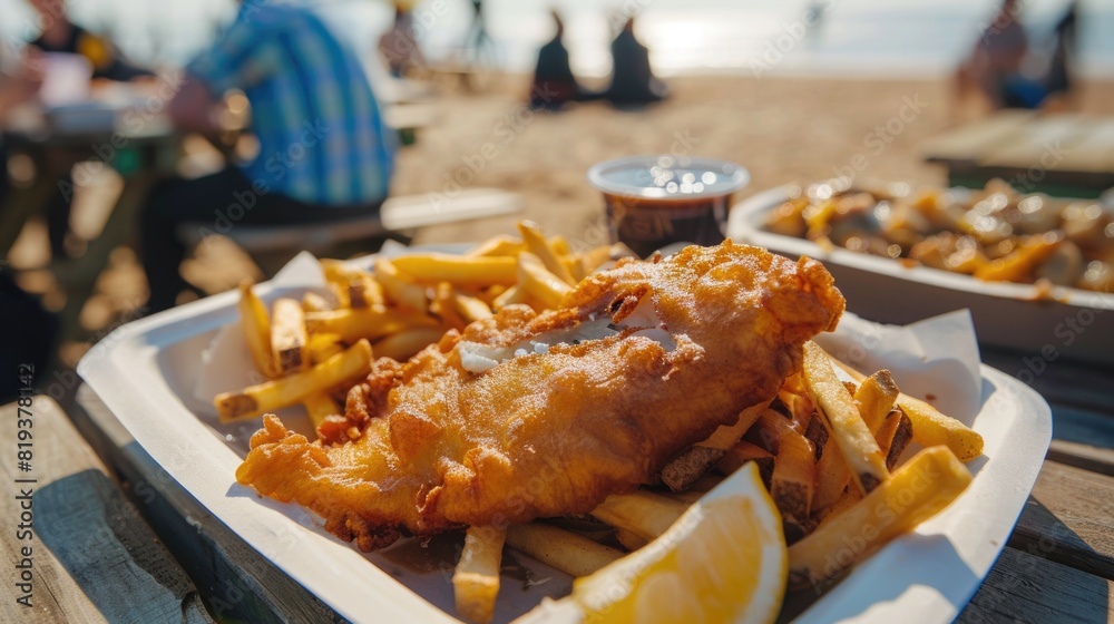 Traditional English fish and chips at the seaside in England, fish and ...