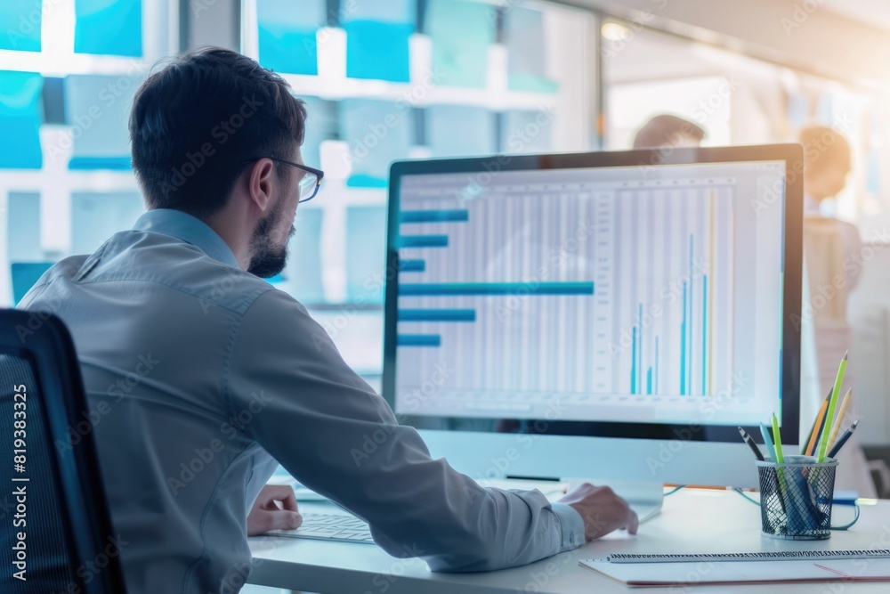 Businessman follow up progress of project work by using weekly gantt ...