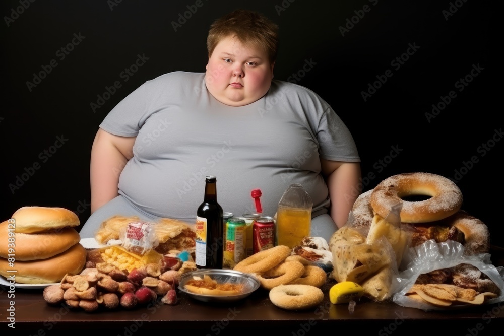 Foto de Hungry fat child with junk food. Unhealthy lifestyle. Junk food ...
