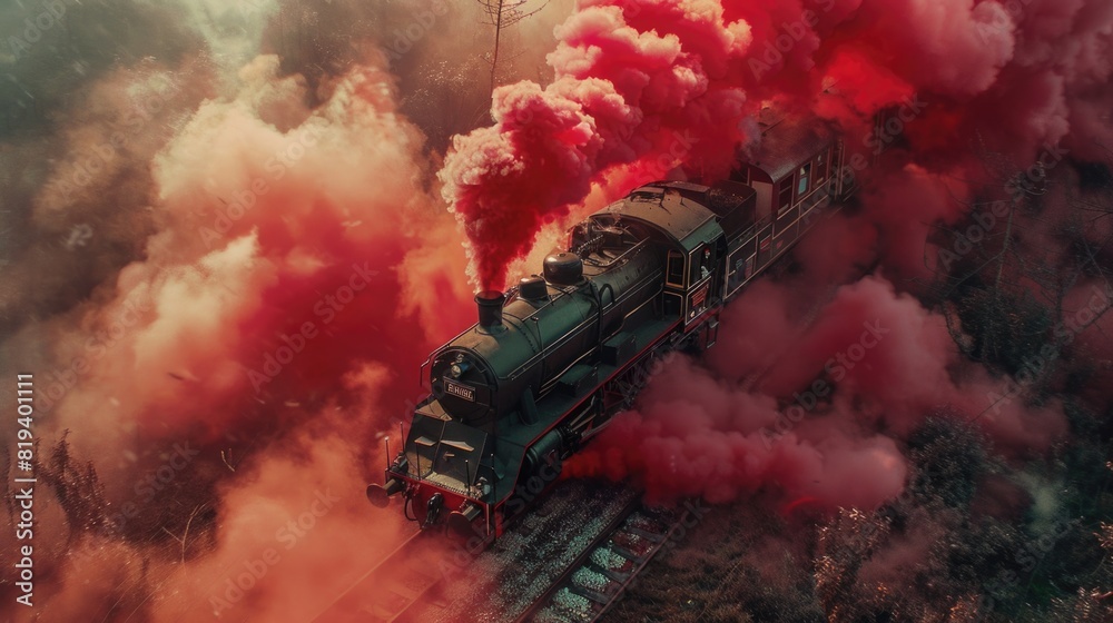 Vintage steam powered railway train in red smoke. Narrow gauge railway ...