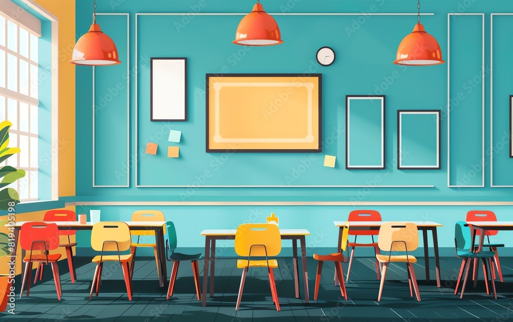 education flat design front view classroom theme cartoon drawing ...