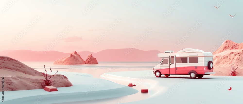 travel flat design front view road trip theme 3D render Split ...