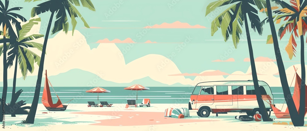 travel flat design side view beach theme cartoon drawing Monochromatic ...