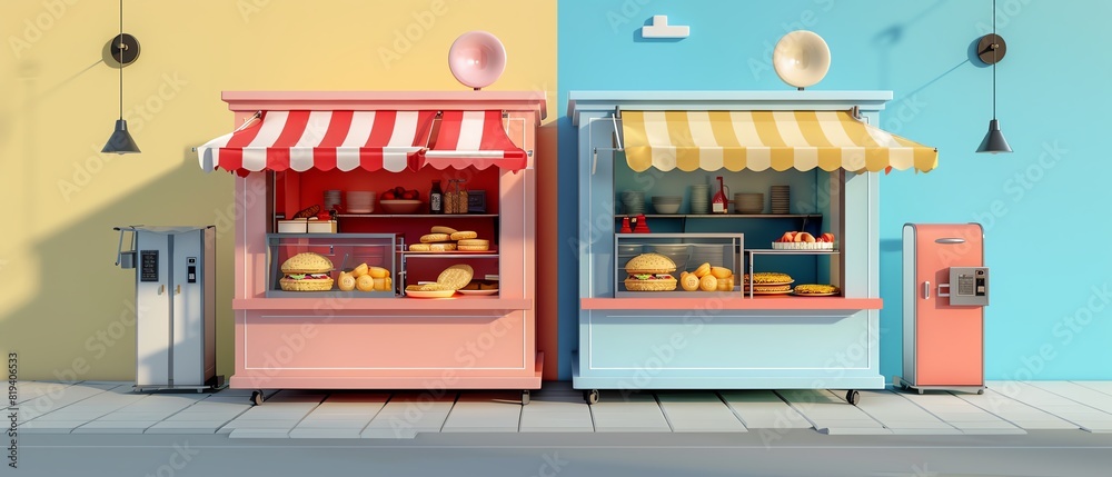 food flat design front view street food theme 3D render Split ...