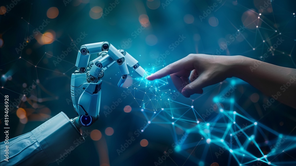 AI technology, machine learning, chatbot, hands of robot and human ...