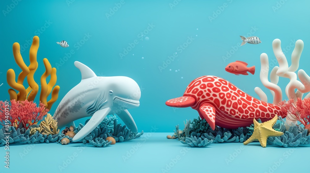 animals flat design front view marine life theme 3D render Split ...