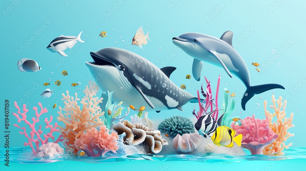 animals flat design front view marine life theme 3D render Split ...