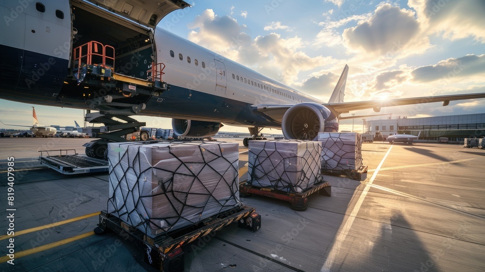 Air cargo logistic containers are loading to an airplane. Air transport ...
