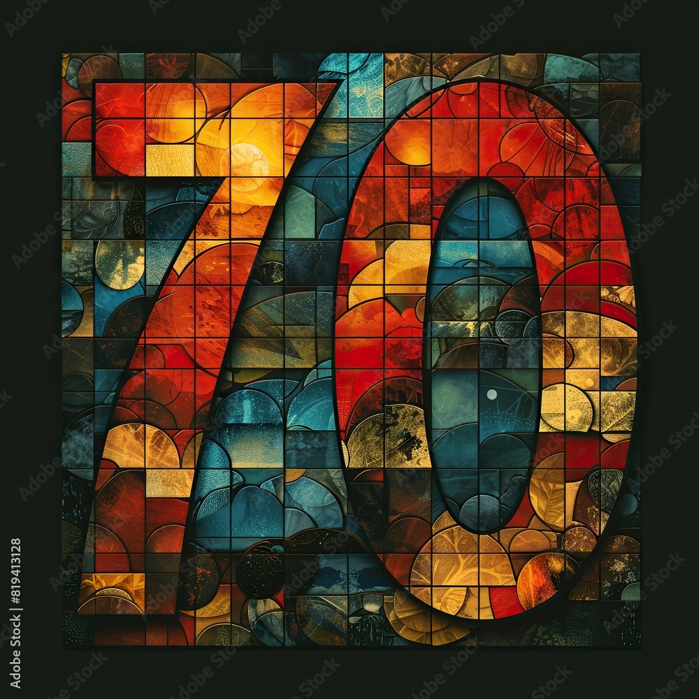 illustrated logo of the number 70 in 1960s style in earth tones stained ...