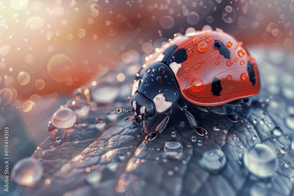 A ladybug sits on a leaf in the rain. The ladybug is red with black ...