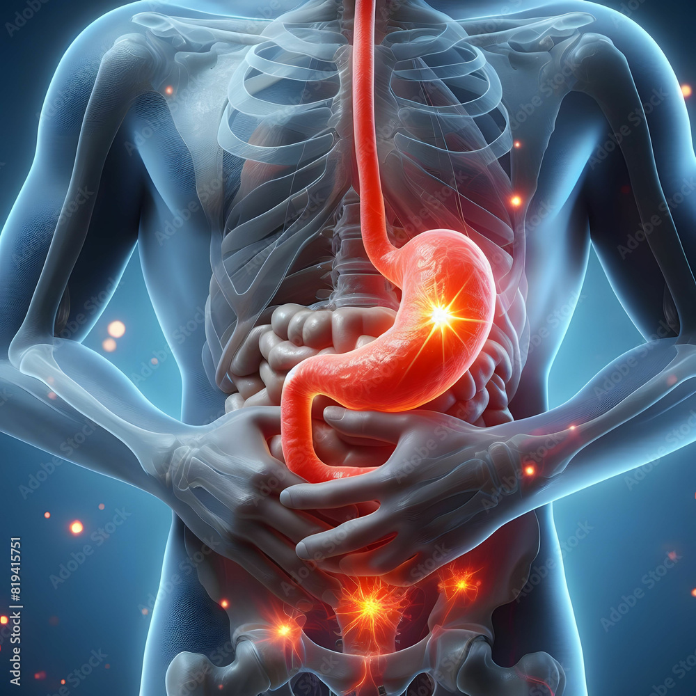 3d rendered illustration of a human stomach pain. digestive problems ...