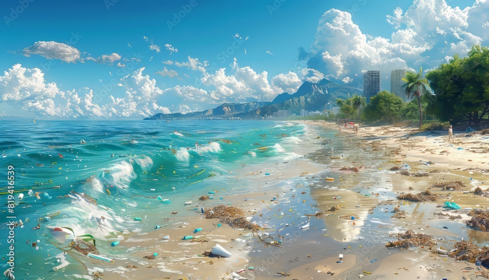 Polluted beach with scattered debris, turquoise waves, and a ...