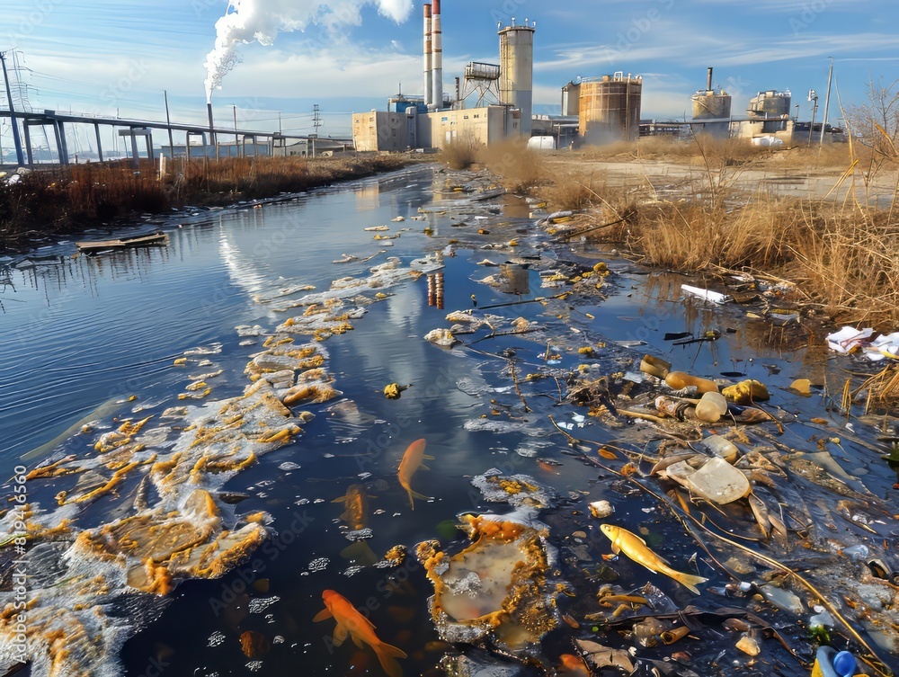 Polluted industrial waterway with waste and fishes near a factory ...