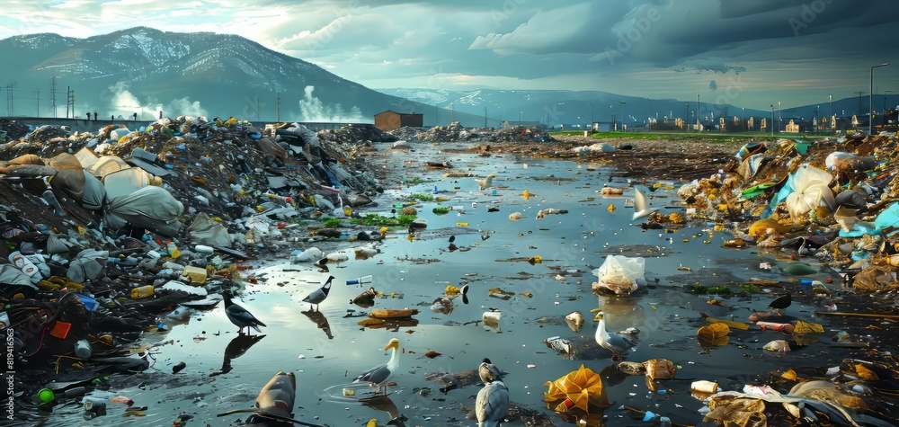 Polluted landfill with waste and trash, with mountains and a cloudy sky ...