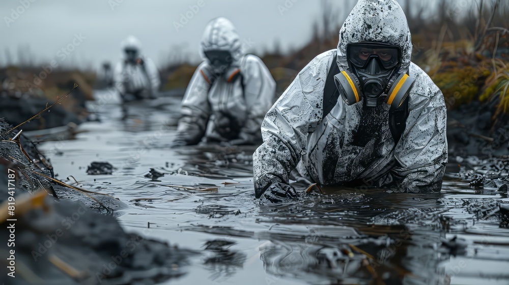 Scientists in hazmat suits investigating pollution in a contaminated ...