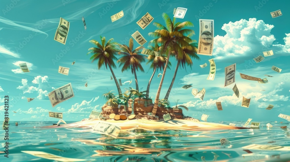 A tropical island with palm trees and gold coins, digital art style ...