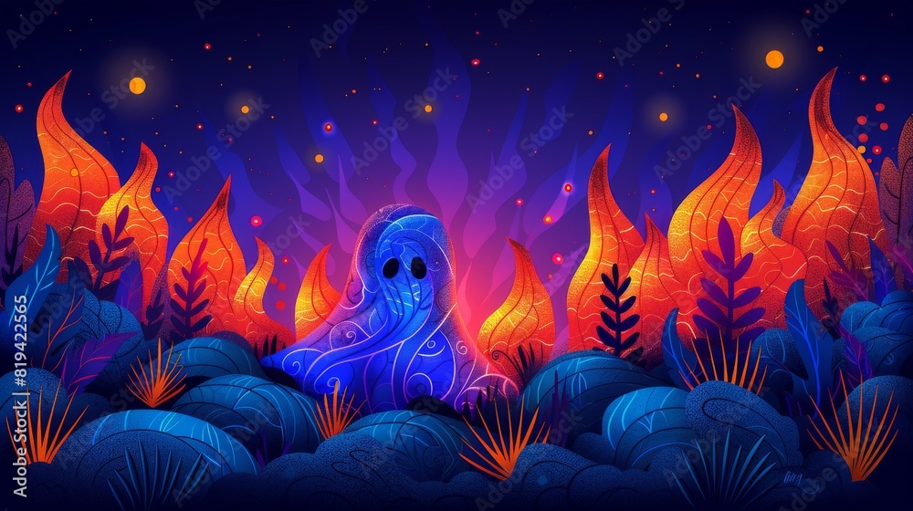 Enchanted Forest with Mystical Ghost Surrounded by Fiery Flames and ...