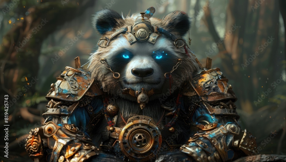 3d rendering of an angry panda with broken armor, blue eyes and golden ...