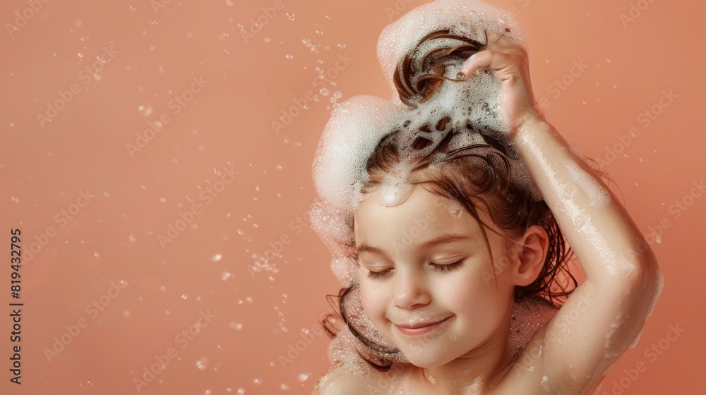 Little girl washing her face with foam cleanser skincare treatment ...