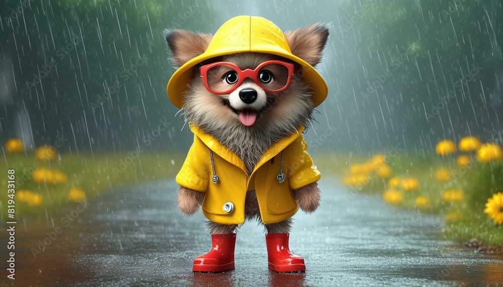 3d animated character, quirky fuzzy dog wearing a big hat, goofy ...