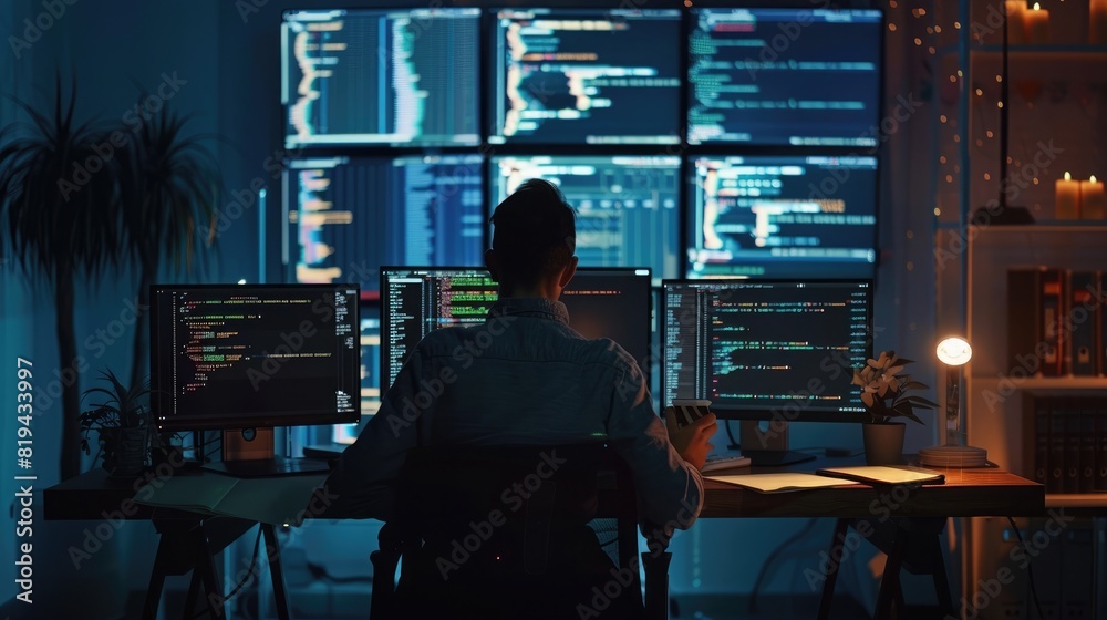 A programmer is coding on three monitors in front of him, code and ...