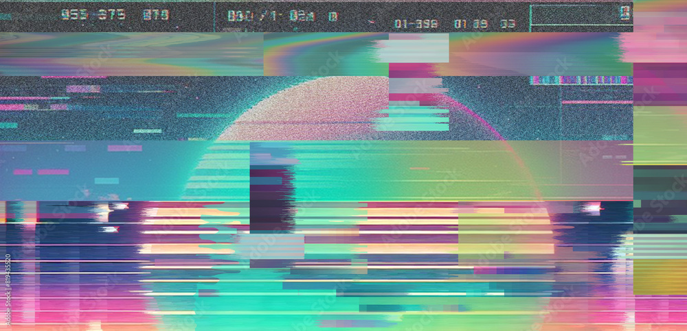 ภาพประกอบสต็อก Vaporwave VHS background with neon sun and holographic ...
