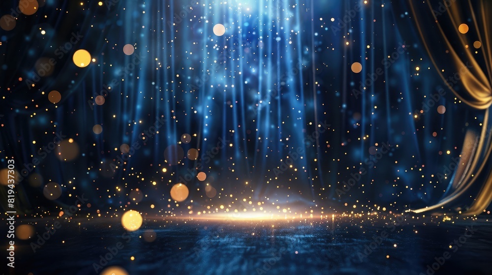 Abstract background for presentation with blue and gold lights, curtain ...