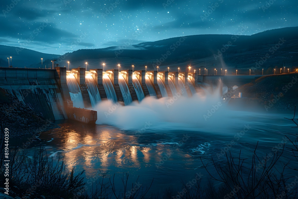Hydropower dam at night with water flowing, lights and stars twinkling ...
