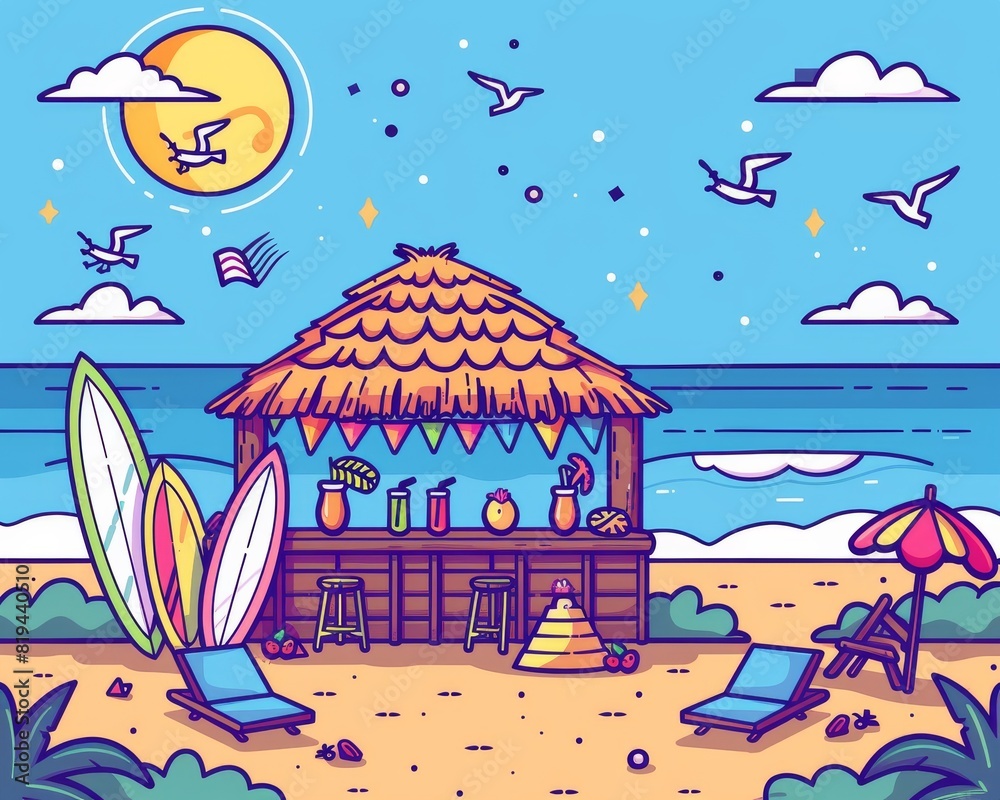 Cartoon Tropical Beach Shack with Surfboards and Tiki Bar under Moonlit ...