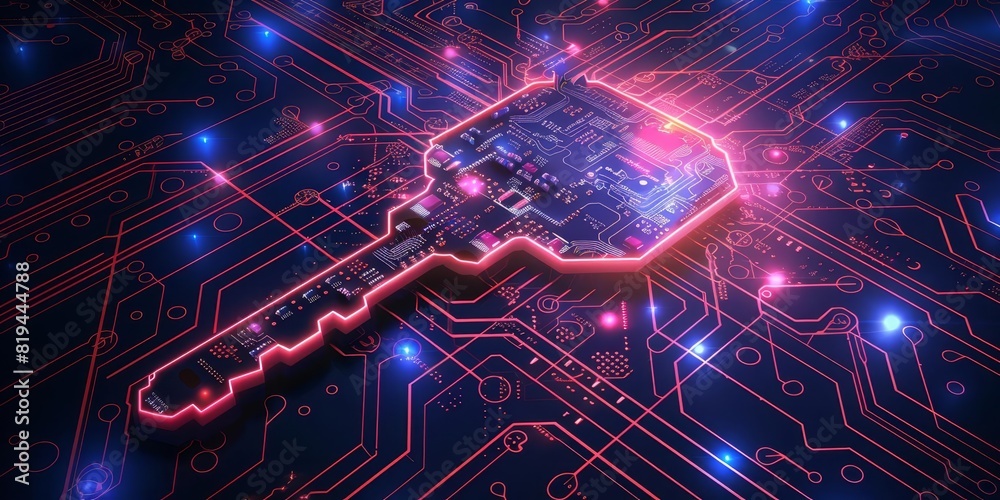 Digital key with circuit board lines, secure network, PNG style, Bright ...