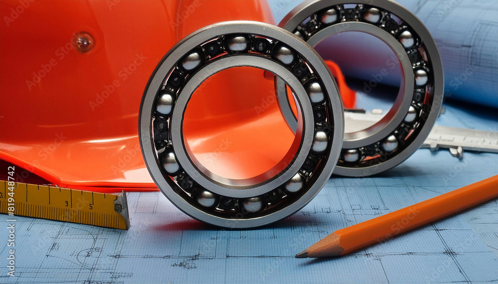 Mechanical steel bearing on engineer's desk. Engineering drawing ...