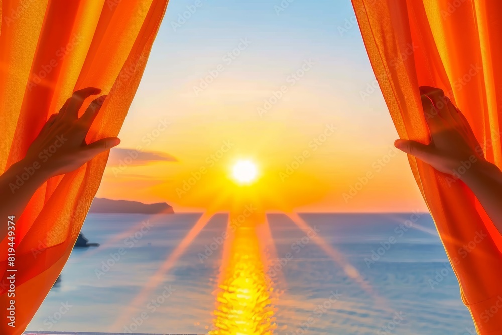 Hands parting orange curtains revealing a breathtaking ocean sunrise ...